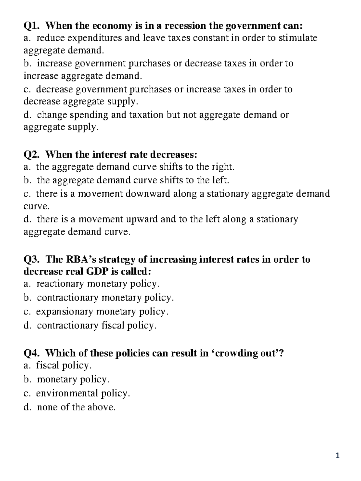 Monetary Fiscal policy examples solutions - Q1. When the economy is in ...