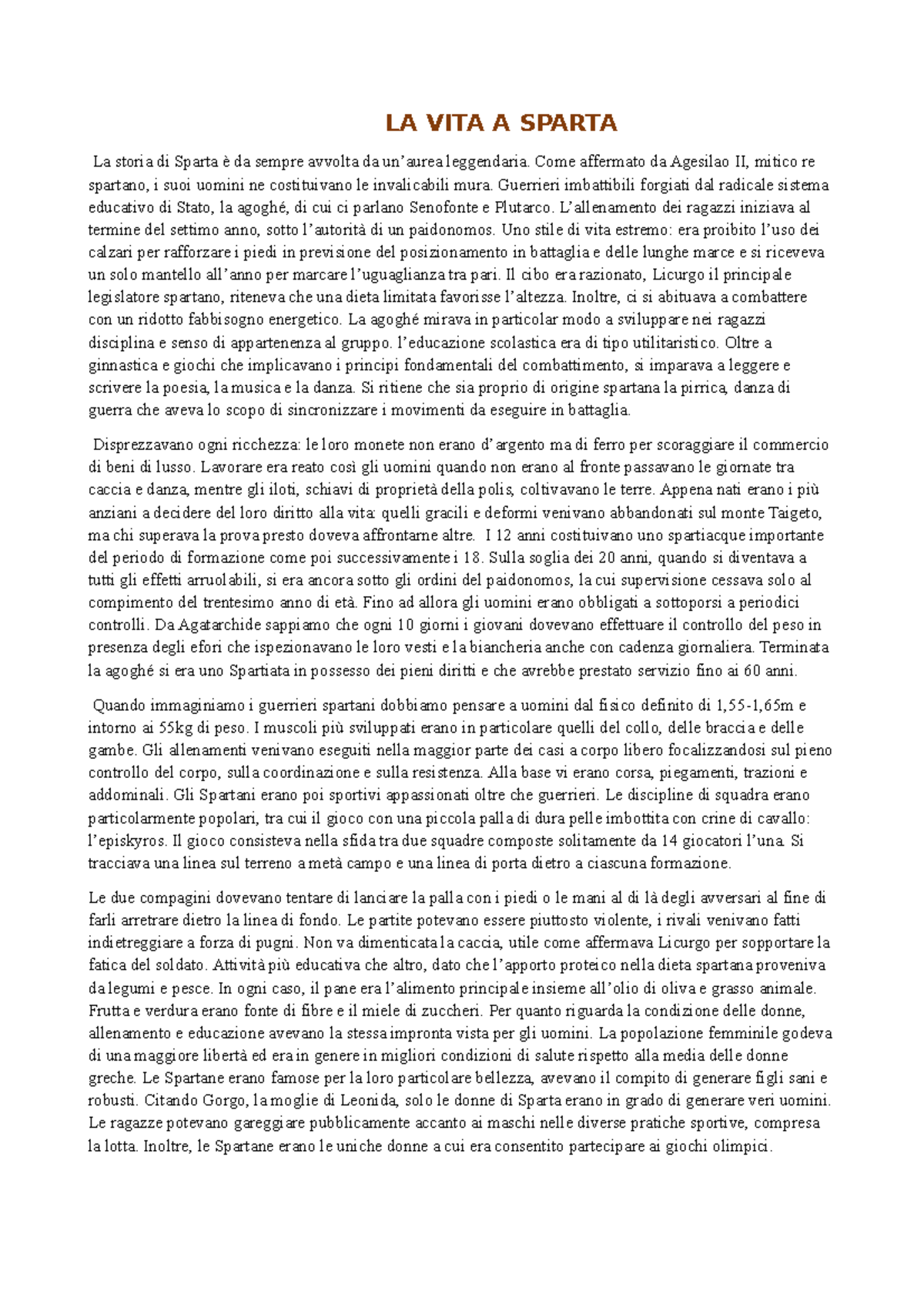 La vita a Sparta riassunto saggio - LA VITA A SPARTA La storia di ...