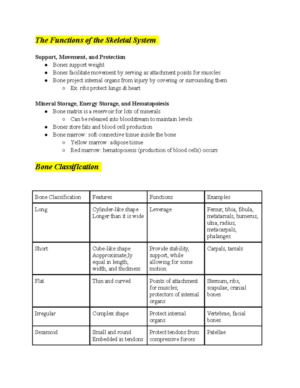 Anatomy Bone Notes - The Functions of the Skeletal System Support ...