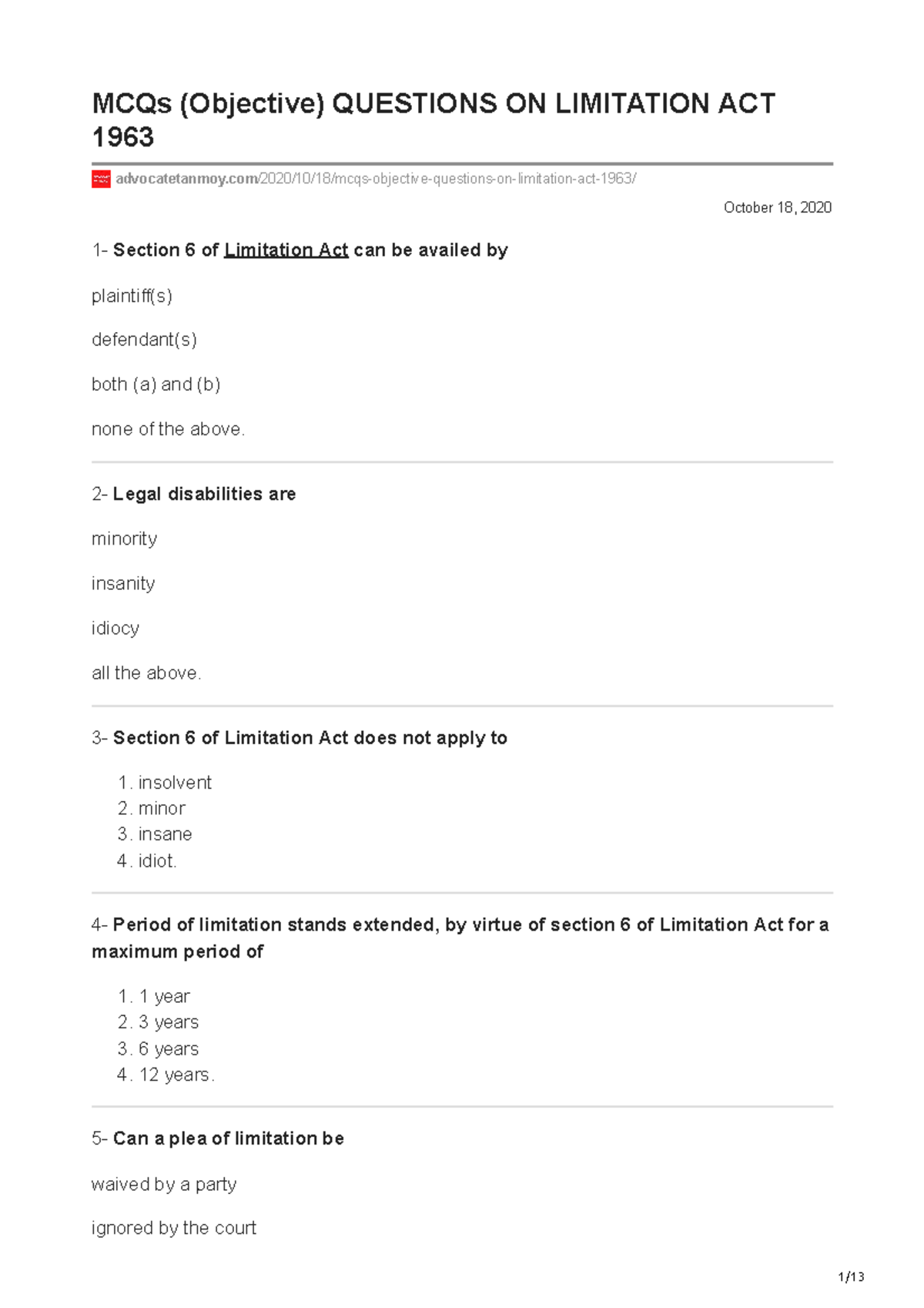 Advocatetanmoy.com-MCQs Objective Questions ON Limitation ACT 1963 - October 18, 2020 MCQs - Studocu