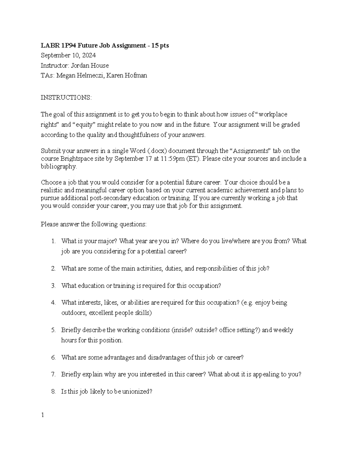 LABR 1P94 Future Job Assignment Instructions - F2024 - LABR 1P94 Future ...