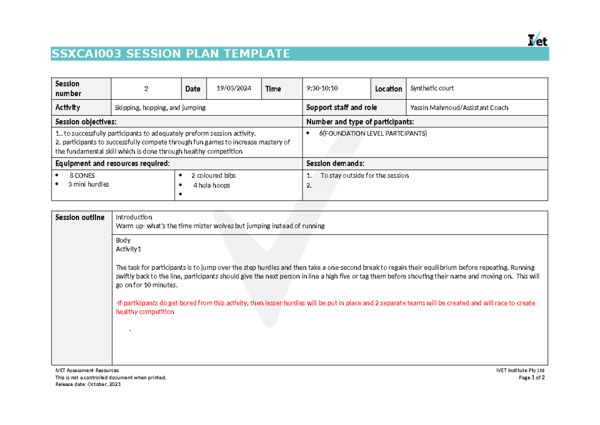 Session plan 2 completed - SSXCAI003 SESSION PLAN TEMPLATE Session ...