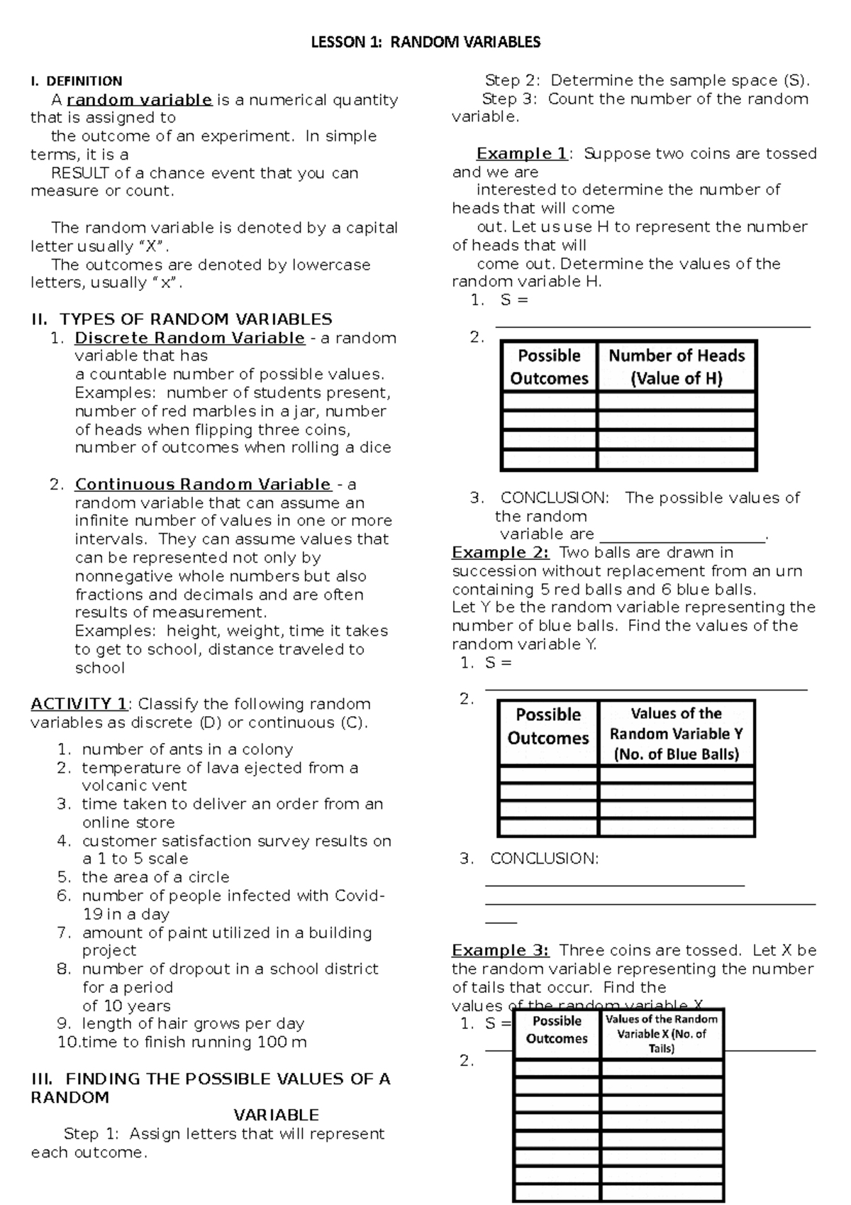 randomvariables - LESSON 1: RANDOM VARIABLES I. DEFINITION A random ...
