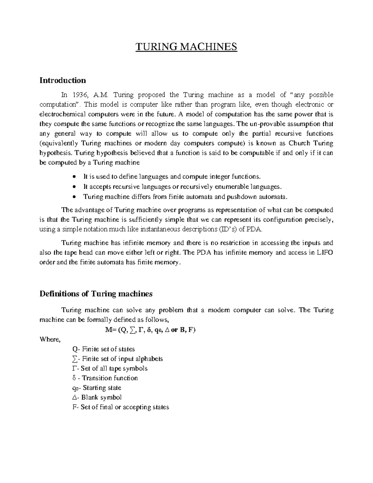 WEEK 11 - Turing Machine - TURING MACHINES Introduction In 1936, A ...