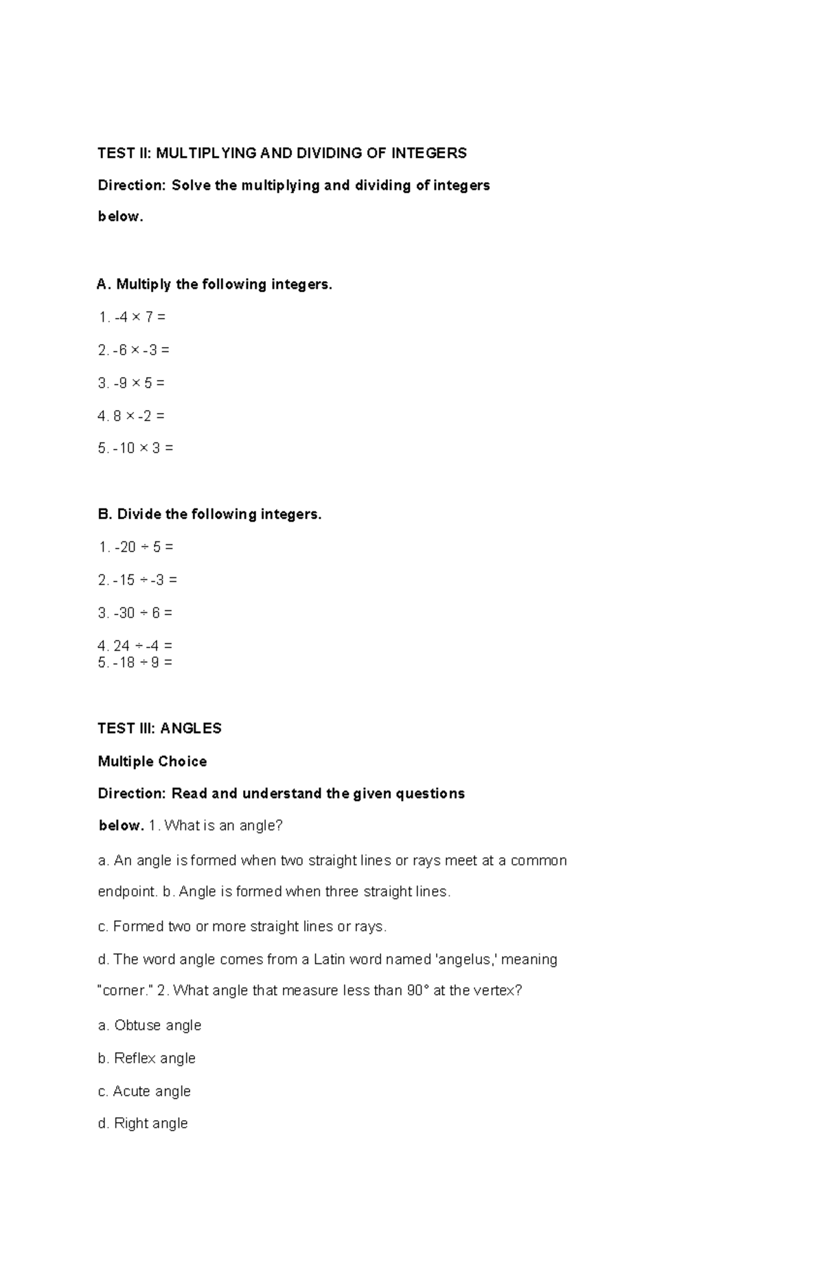 Mutliplying AND Dividing Integers - TEST II: MULTIPLYING AND DIVIDING ...