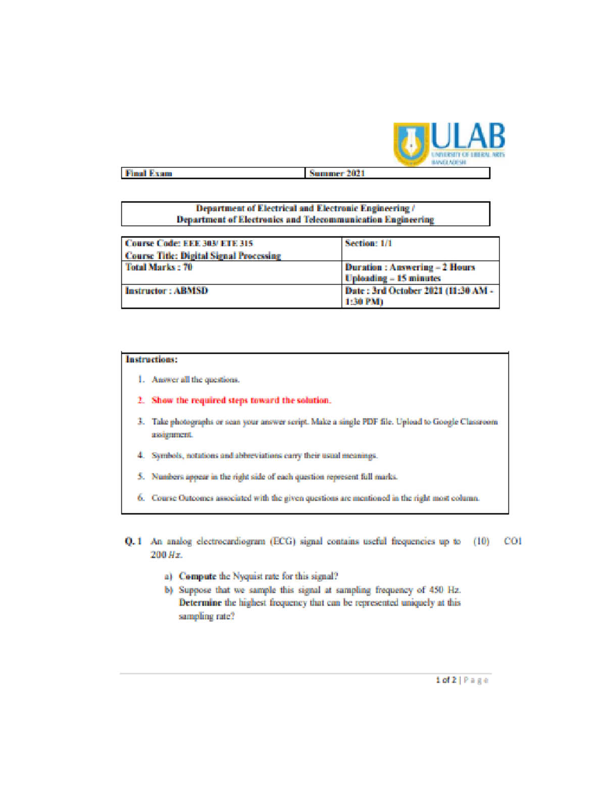 Final Summer 21 - ... - Digital Signal Processing - Studocu