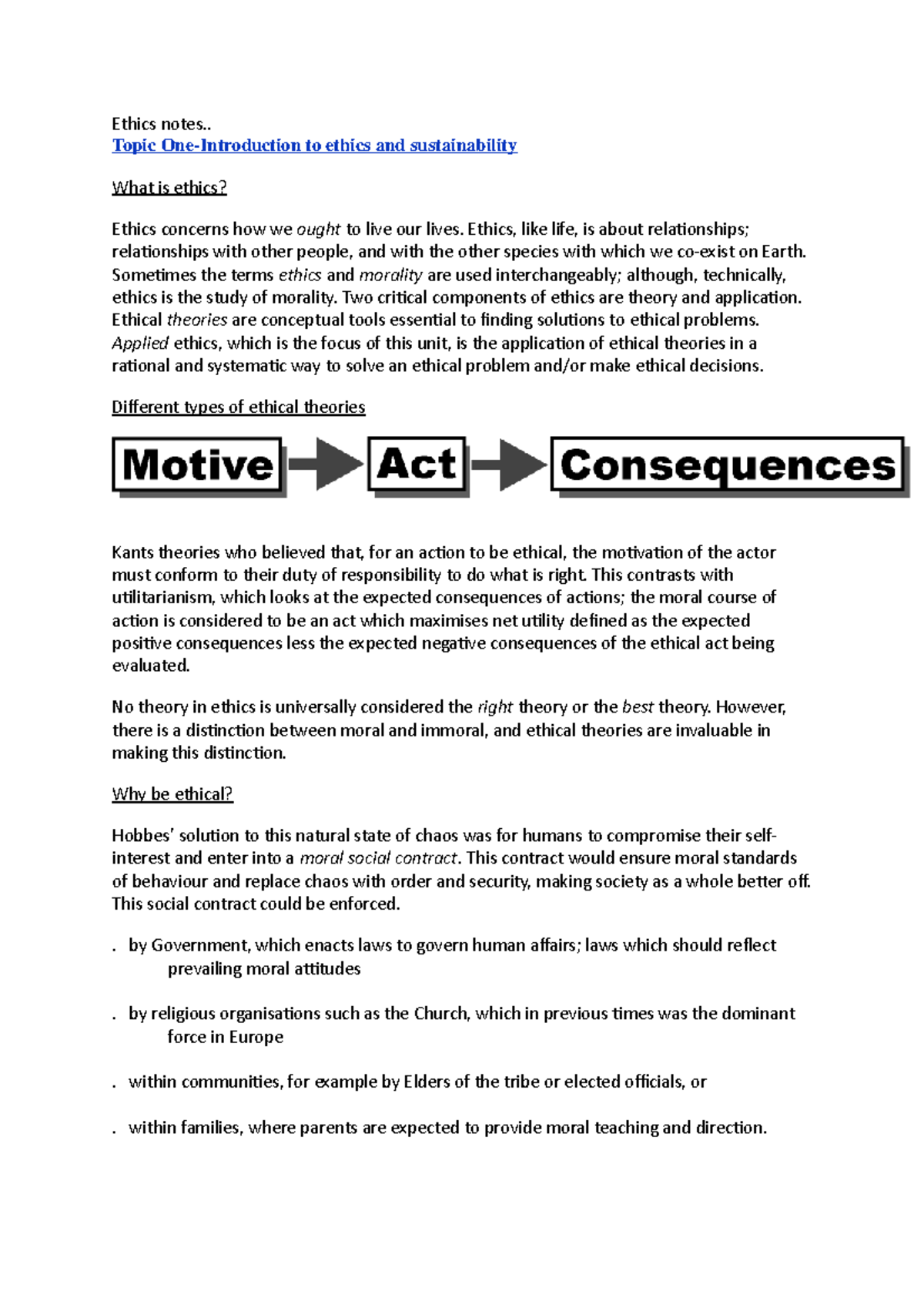 Ethics notes - . Topic One-Introduction to ethics and sustainability ...