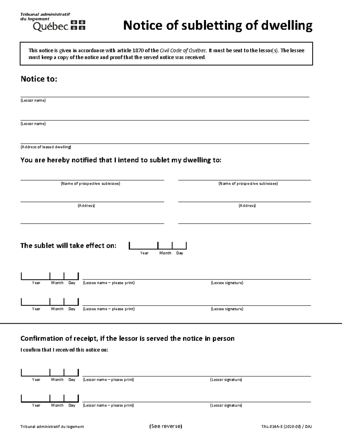 Sublet form - This notice is given in accordance with article 1870 of ...