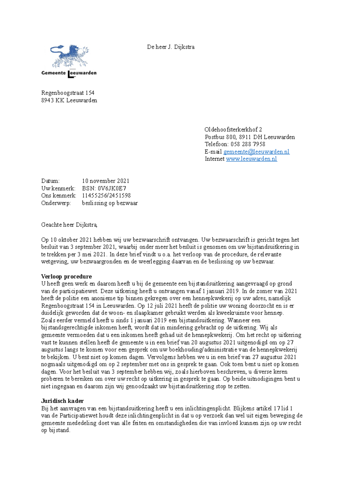 Beslissing op bezwaar - voorbeeldbrief - Regenboogstraat 154 8943 KK ...