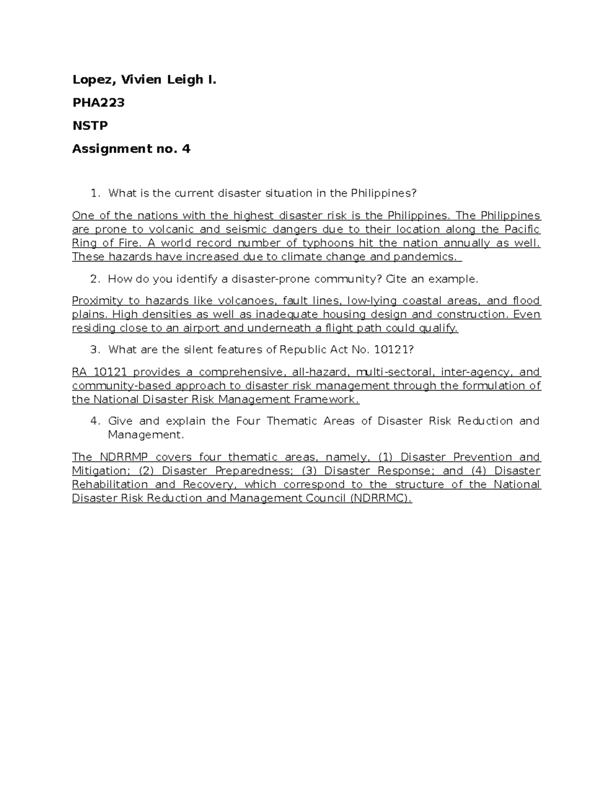NSTP Assignment no. 4 Lopez - Lopez, Vivien Leigh I. PHA NSTP Assignment no. 4 What is the ...