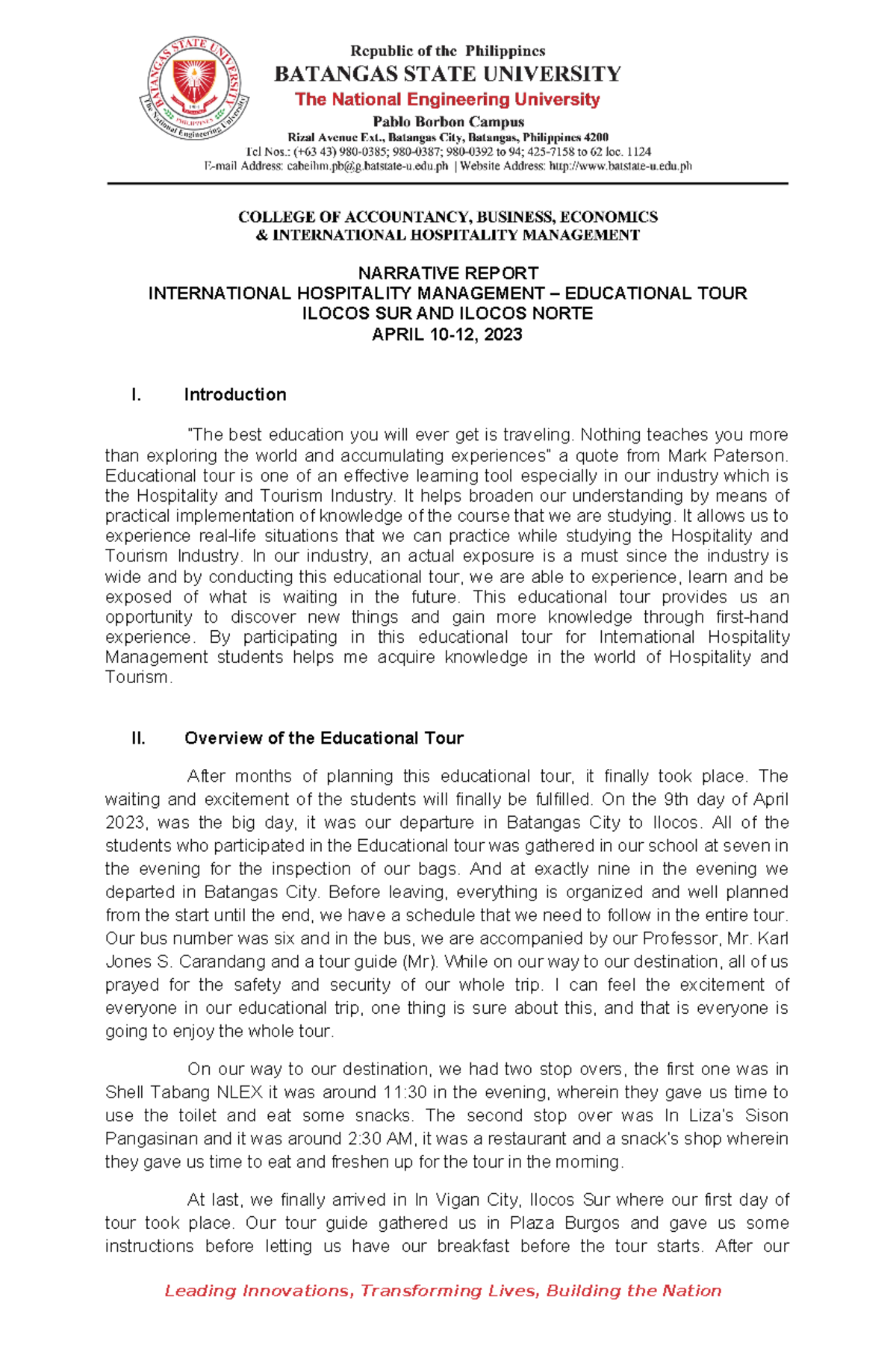 IHM-TOUR- Narrative- Report (1) (Auto Recovered) - NARRATIVE REPORT ...