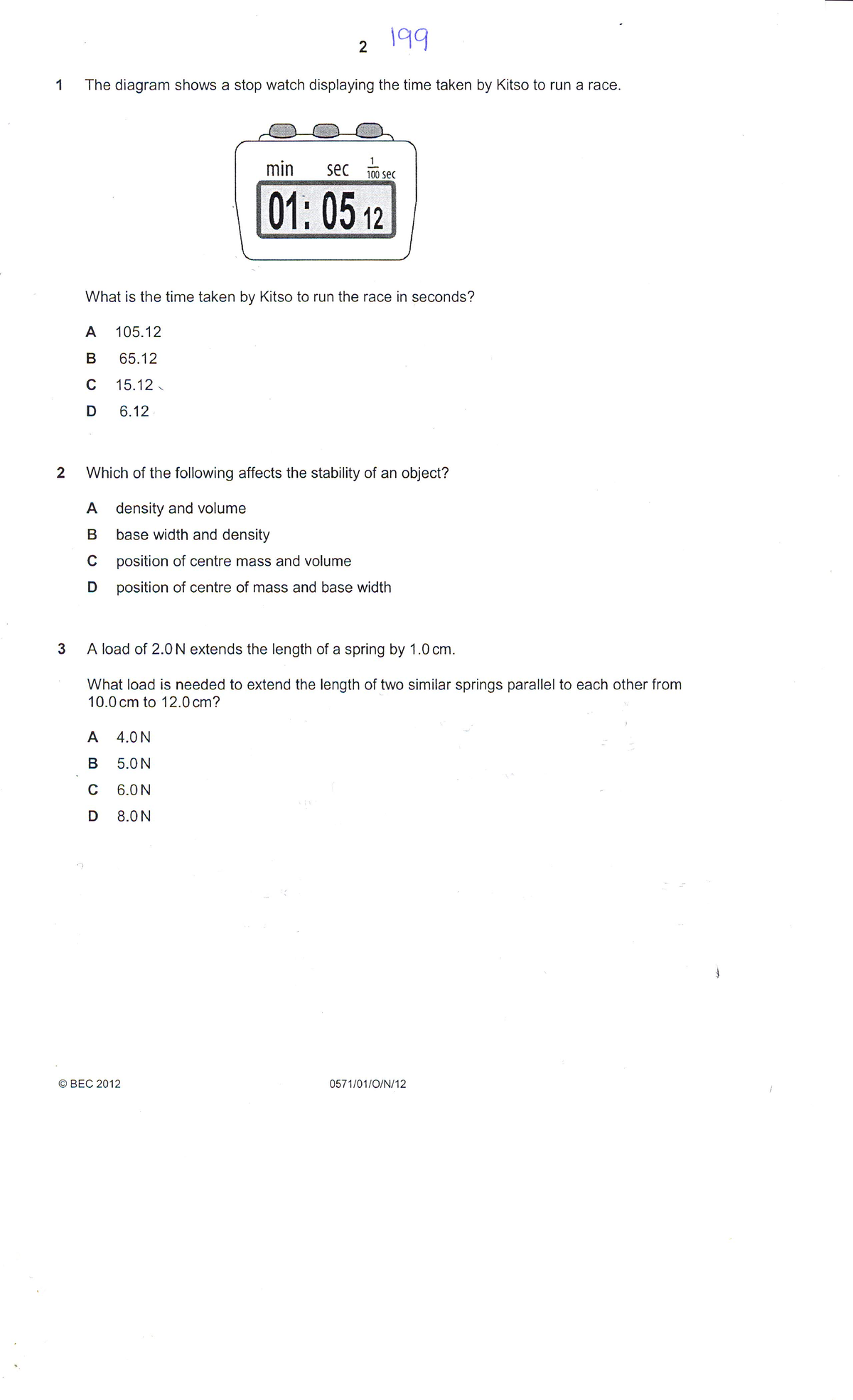 2012 Bgcse Physics Paper 1 - 2 199 1 The diagram shows a stop watch ...