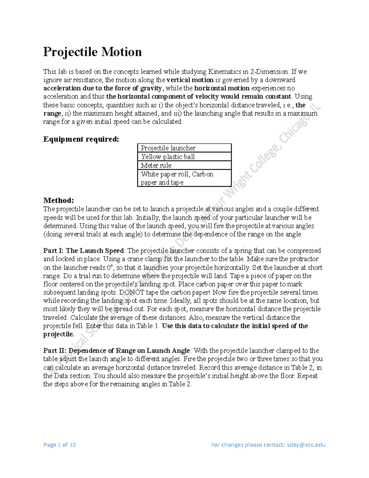 Projectile Motion - N/A - Projectile Motion This lab is based on the ...