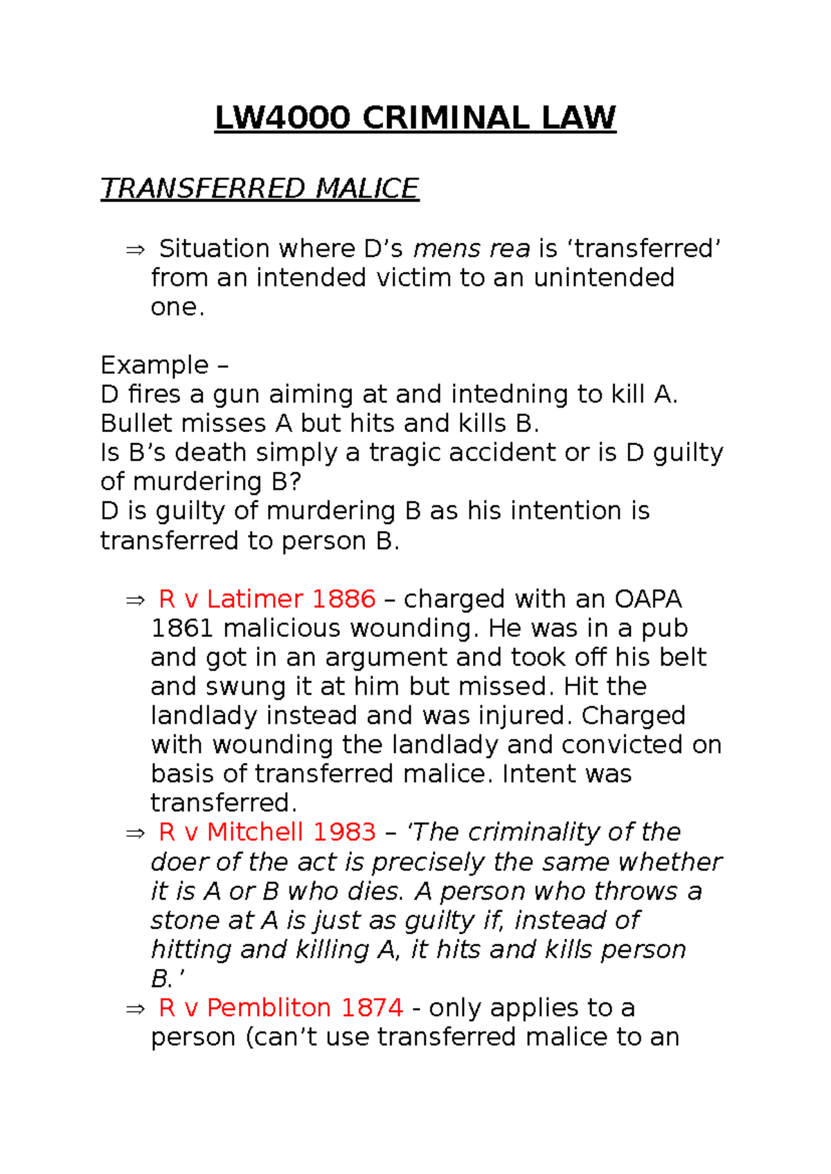 transferred malice - LW4000 CRIMINAL LAW TRANSFERRED MALICE Situation ...