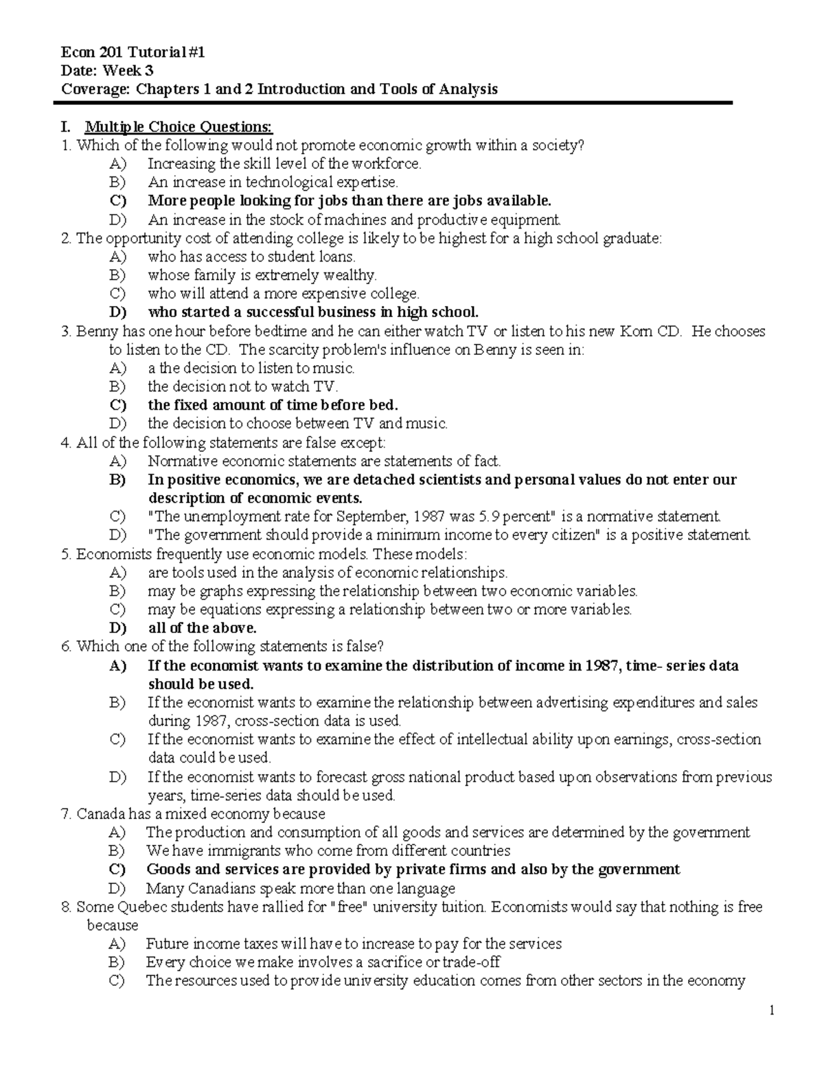 ECON201 - Tutorials (Solutions) - copie - Econ 201 Tutorial # Date: Week 3 Coverage: Chapters 1 ...