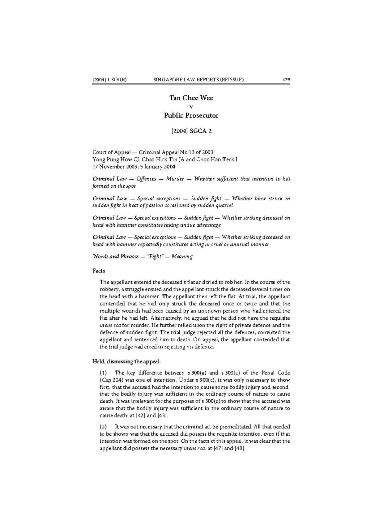 Tan Chee Wee v PP [2004 ] SGCA 2 - [2004] 1 SLR(R) SINGAPORE LAW ...