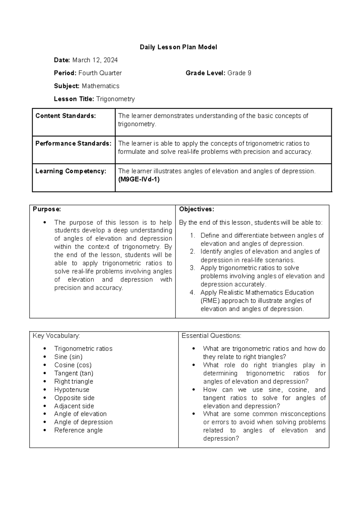 Lesson Plan Sample - Daily Lesson Plan Model Date: March 12, 2024 ...