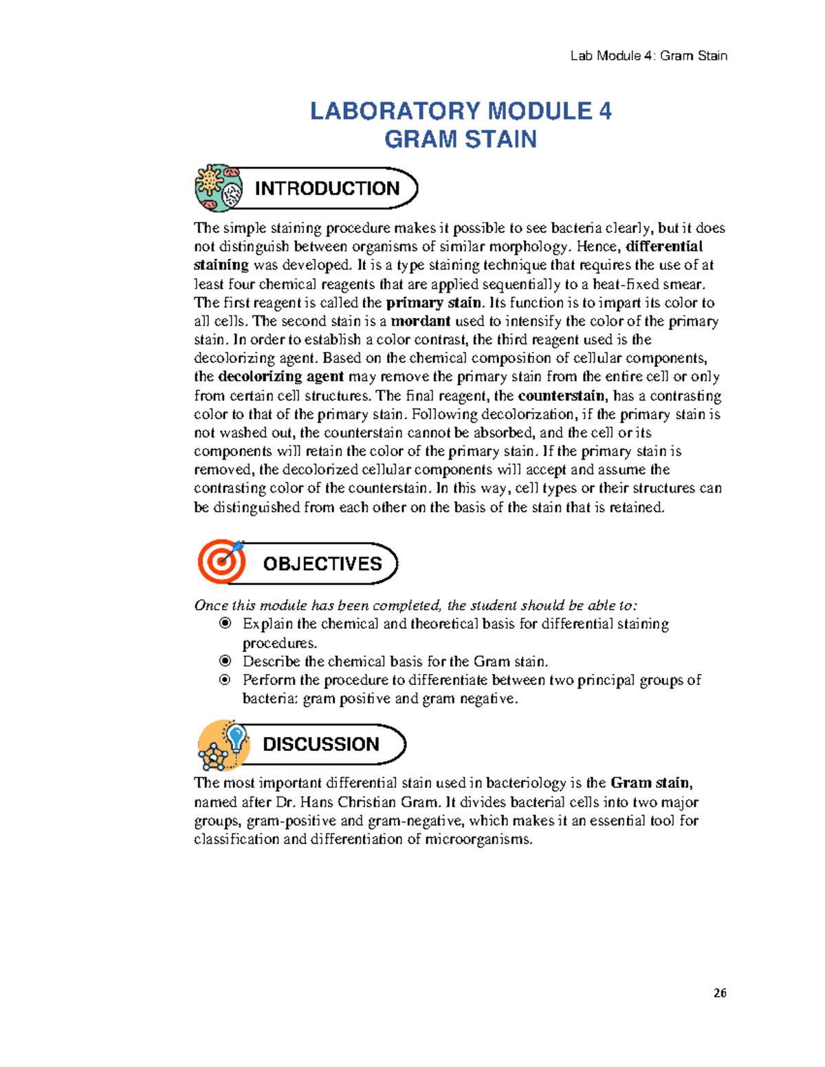 Laboratory 3 Gram Stain - LABORATORY MODULE 4 GRAM STAIN INTRODUCTION ...