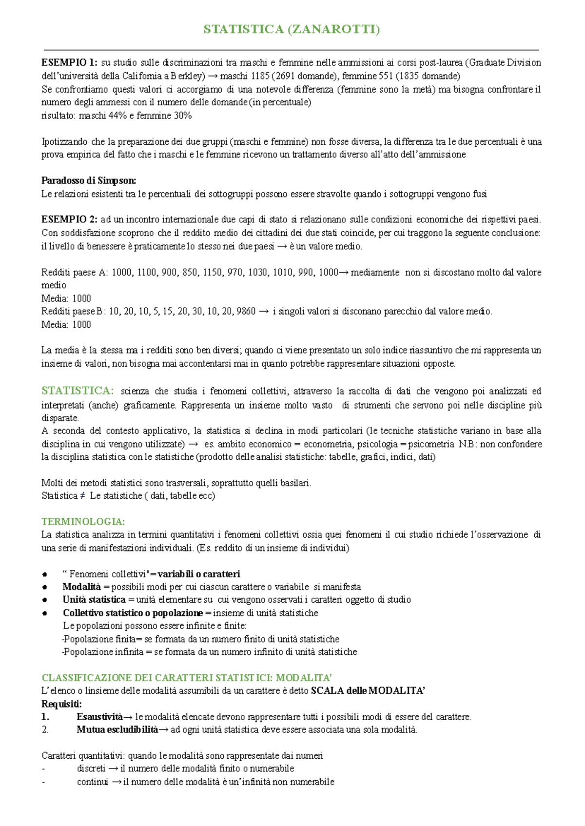 Statistica ( Zanarotti) - STATISTICA (ZANAROTTI) ESEMPIO 1: su studio sulle discriminazioni tra ...