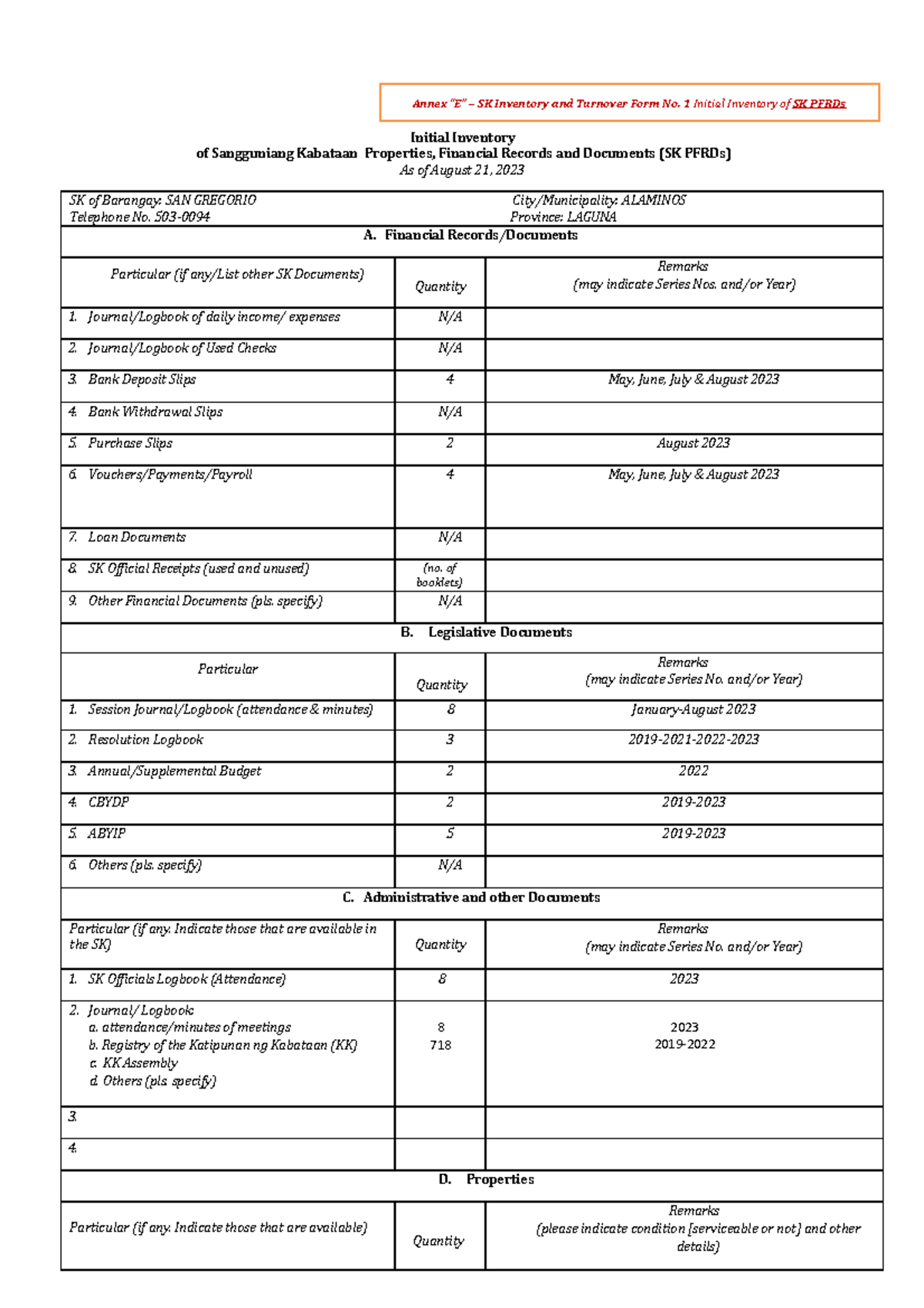 SK San Gregorio Inventory - Initial Inventory of Sangguniang Kabataan ...
