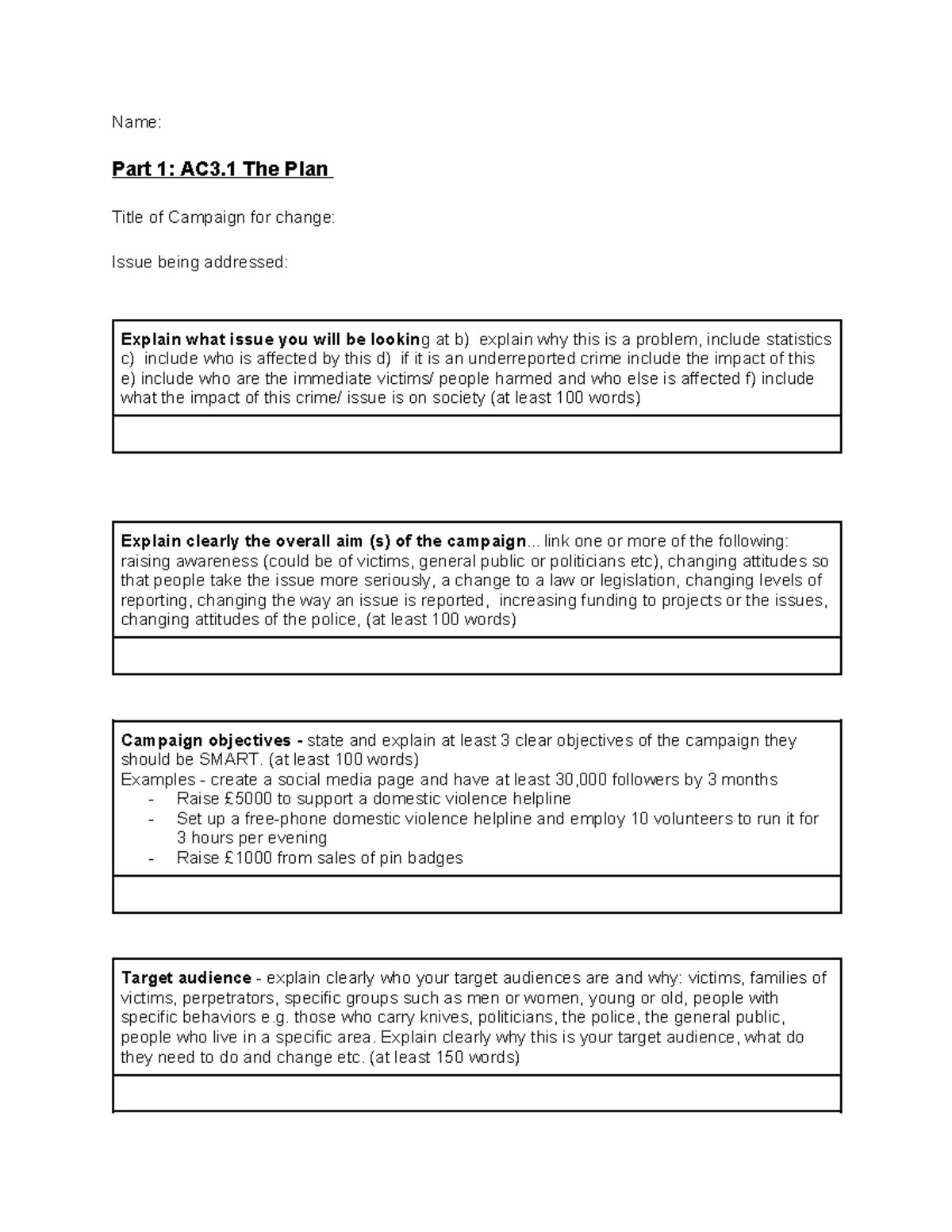 Campaign for Change Planner - Name: Part 1: AC3 The Plan Title of ...