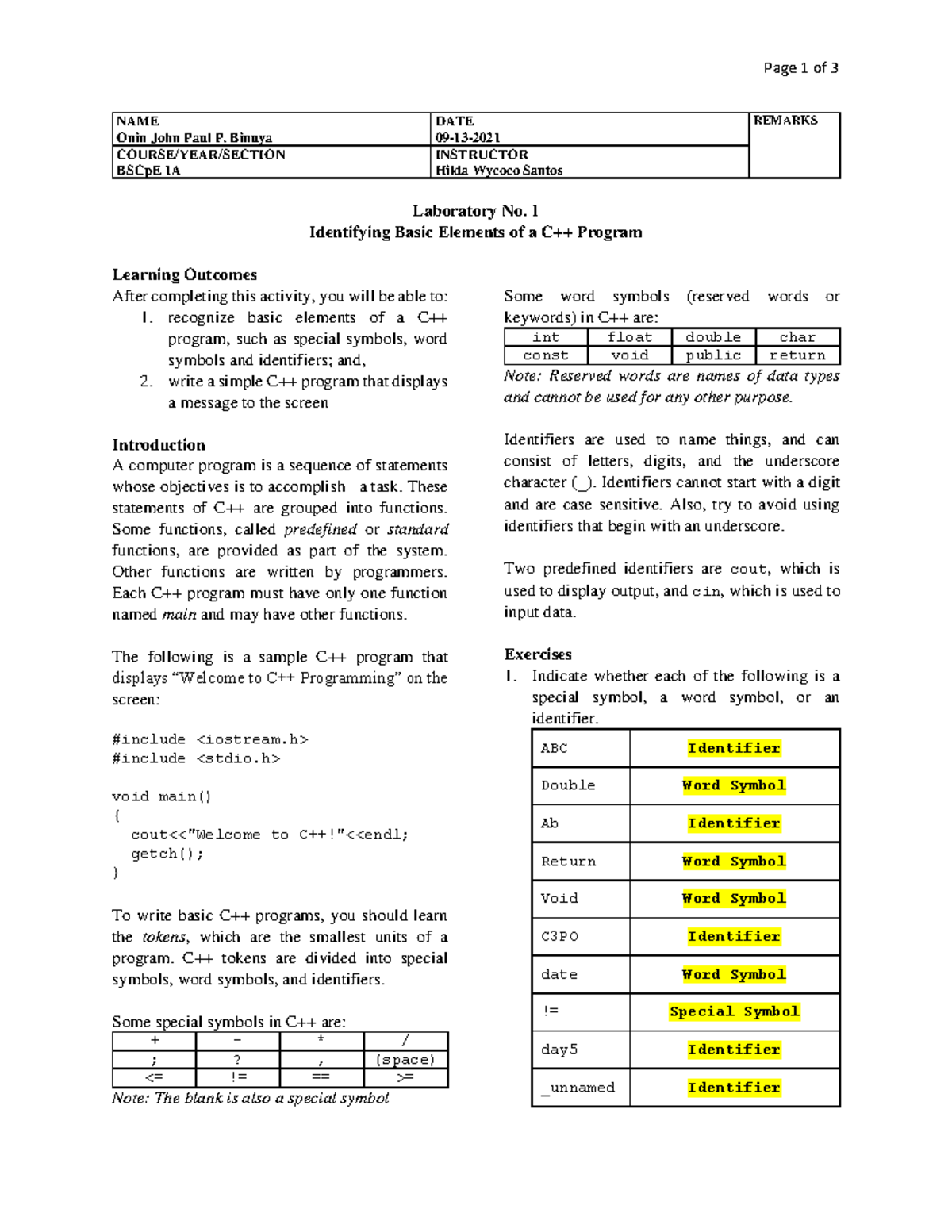 Activity 1 CPE 1 - Page 1 of 3 NAME Onin John Paul P. Binuya DATE 09 ...