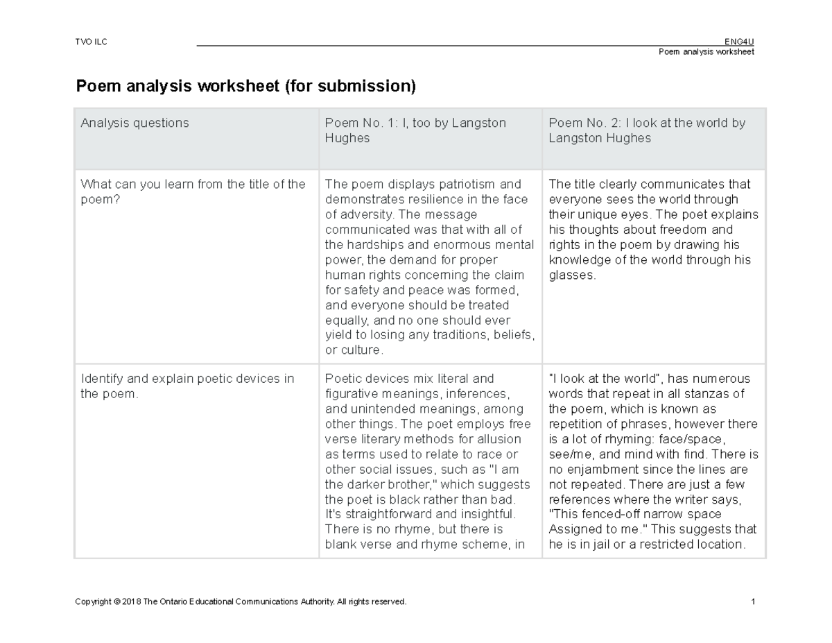 ENG4U Poem Analysis - work - Poem analysis worksheet Poem analysis ...