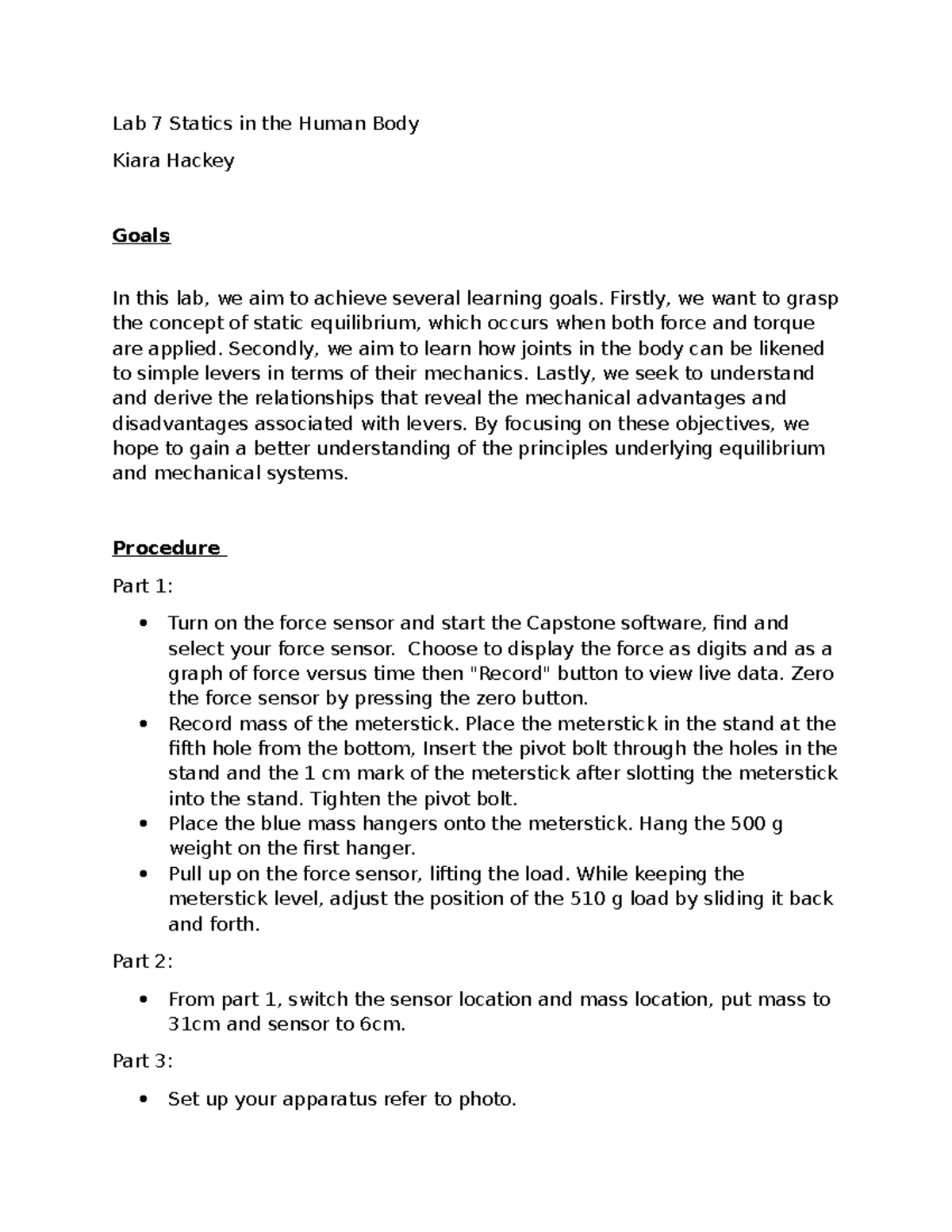 Lab 7 Statics in human body - Lab 7 Statics in the Human Body Kiara ...