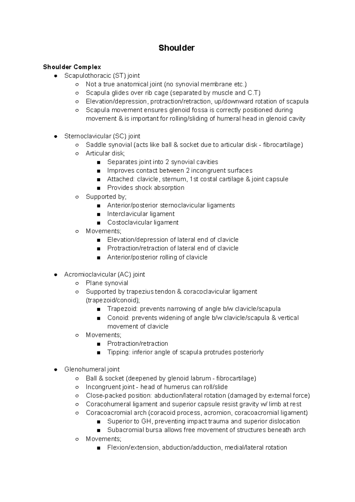 BMS 271 - Notes - Shoulder Shoulder Complex Scapulothoracic (ST) joint ...