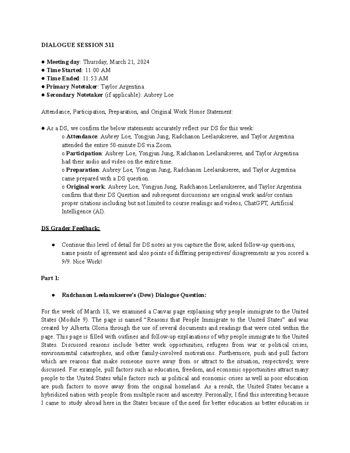Dialogue Discussion #8 - DIALOGUE SESSION 311 Meeting day: Thursday ...
