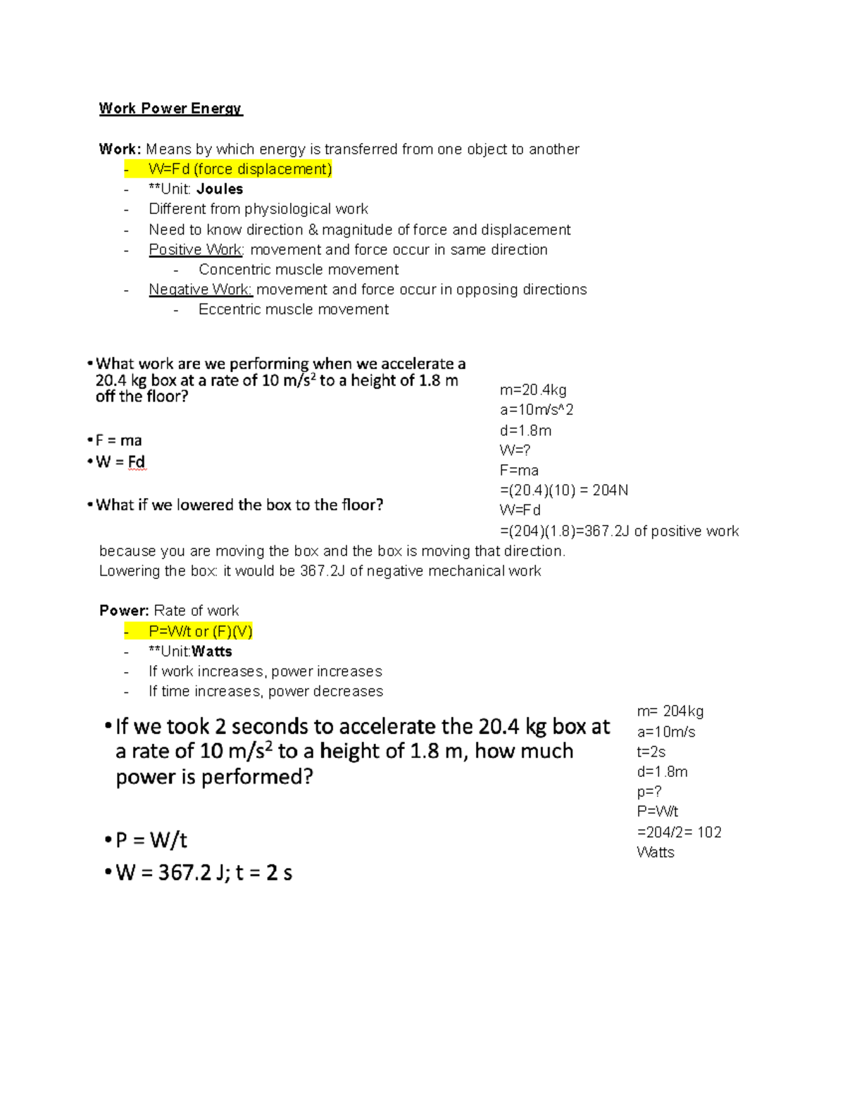 Work, Power, Energy - Work Power Energy Work: Means by which energy is ...