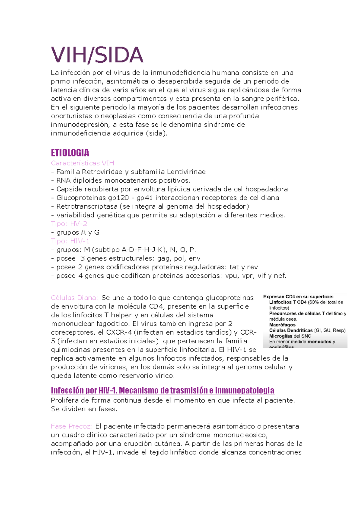 VIH resumen - VIH/SIDA La infección por el virus de la ...