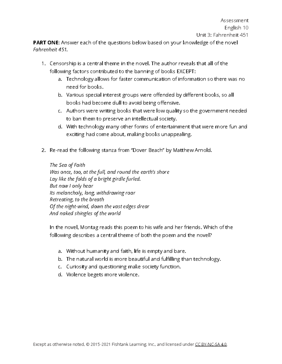 F451Assessment Standard Assessment On Fahrenheit 451 English 10