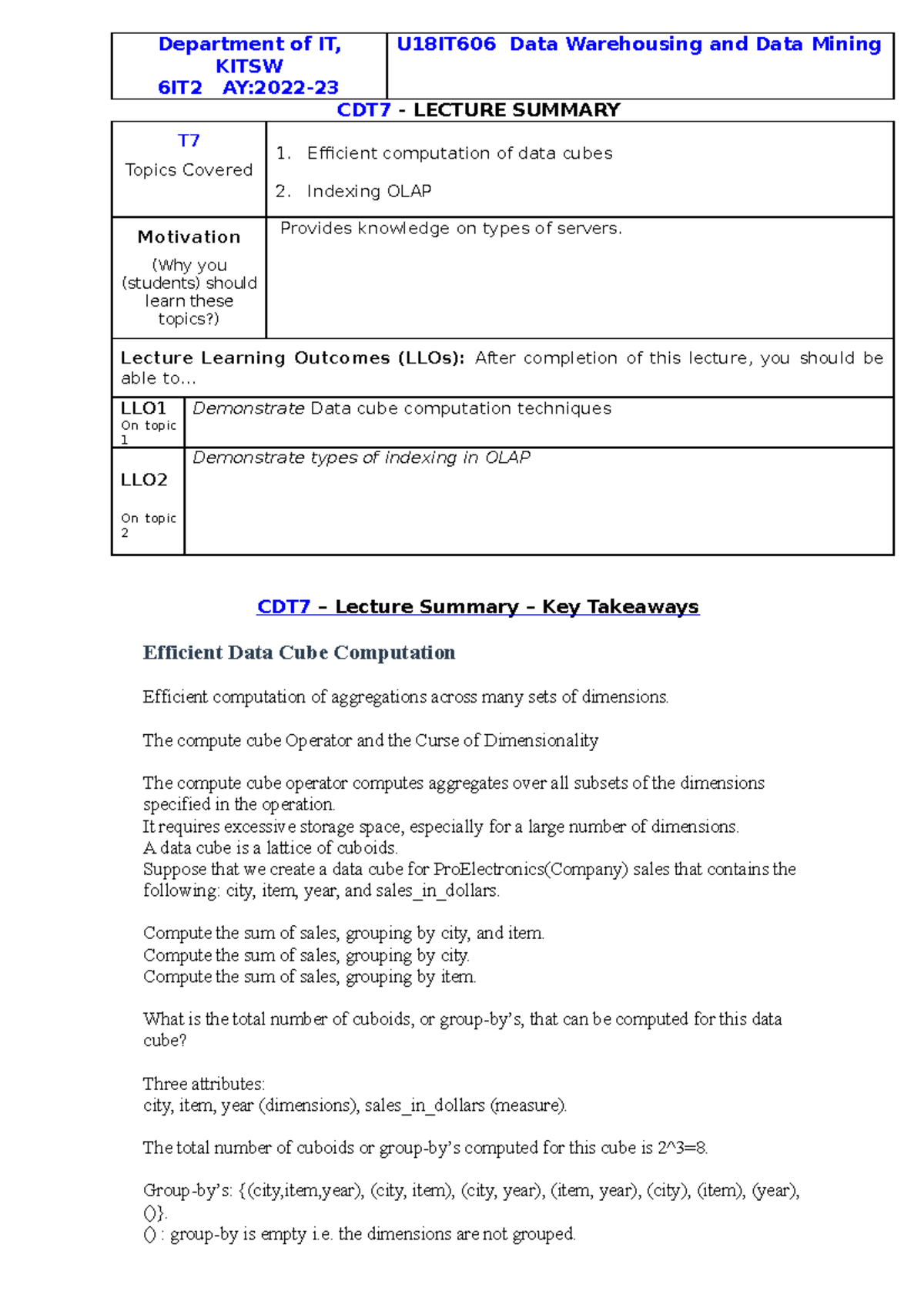 Dwdm Cdt7 Summary 6it2 Efficient Computation Of Data Cubes Indexing Olap Kitsw 6it2 Ay2022