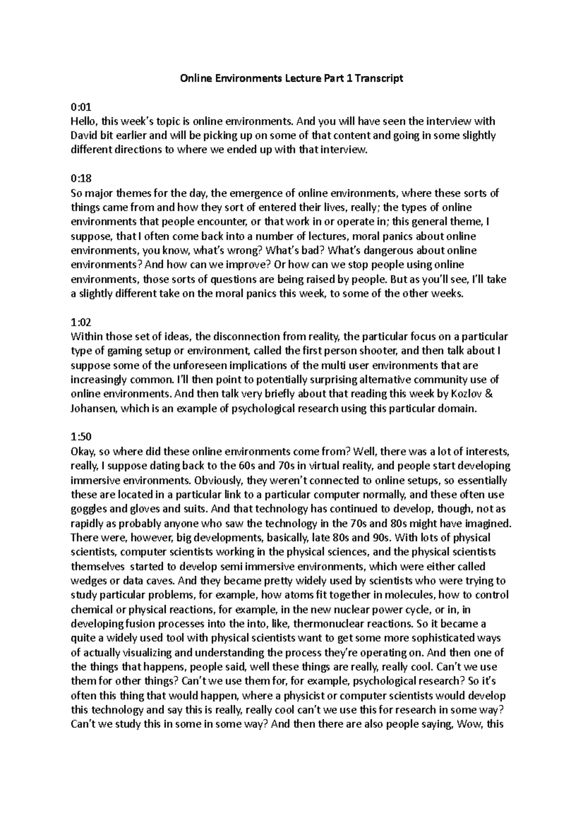 Online Environments Lecture Part 1 Transcript - Online Environments ...