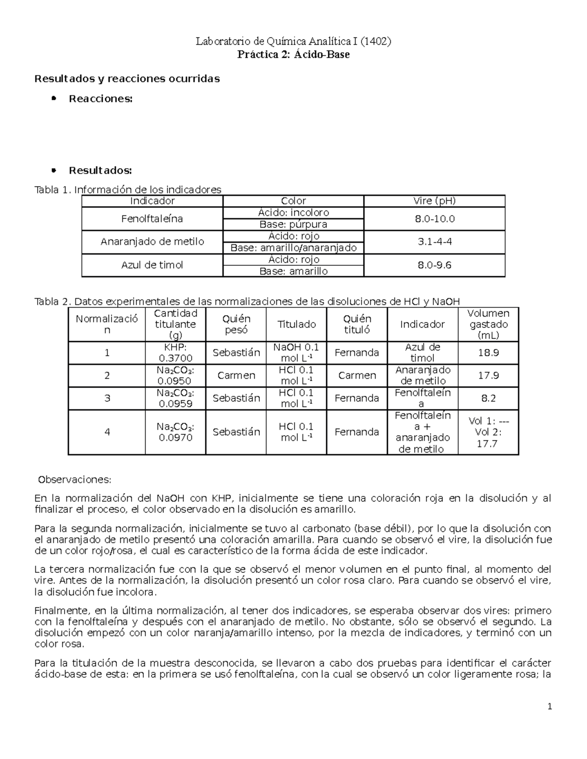 Ácido-BASE - Reporte práctica ácido base - Práctica 2: Ácido-Base ...