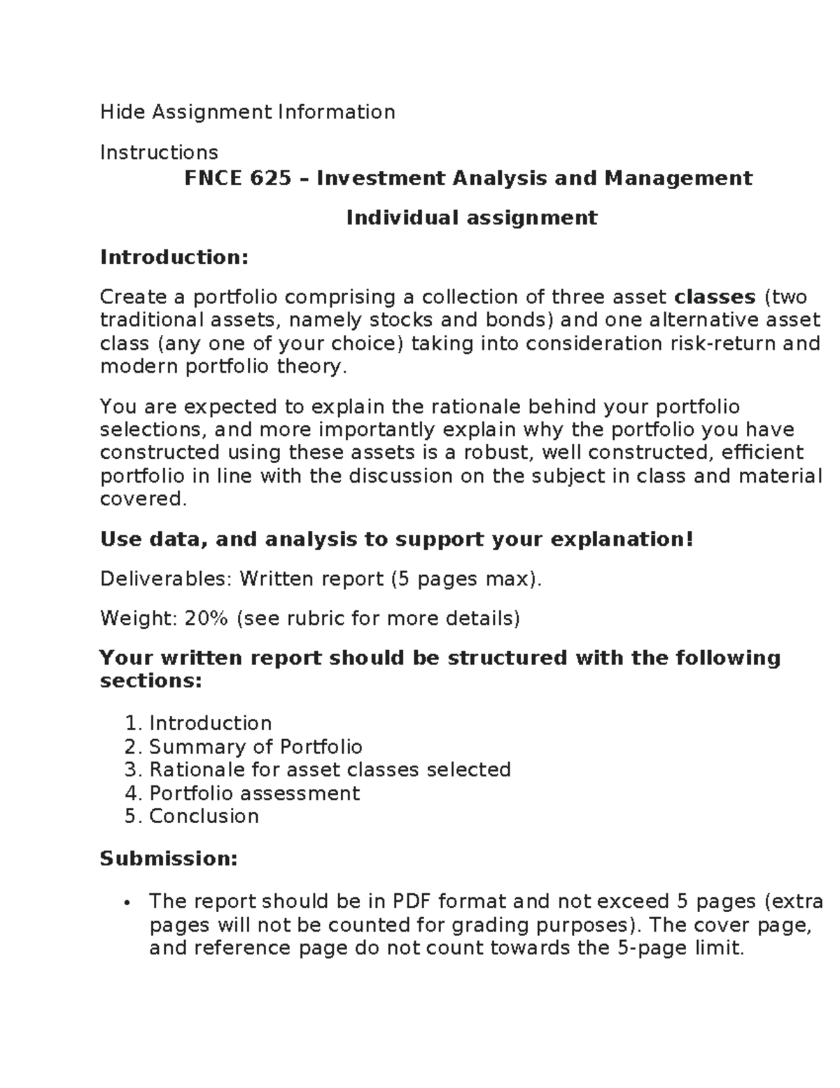 Hide Assignment Information - Hide Assignment Information Instructions FNCE 625 – Investment ...