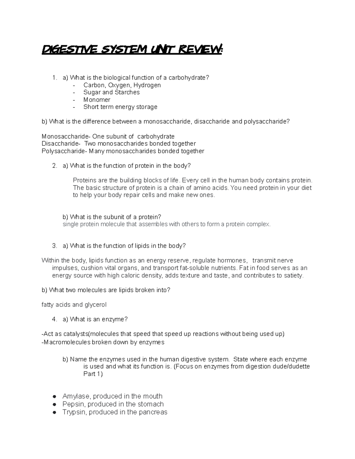 Copy of 4. Digestive System Review - DIGESTIVE SYSTEM UNIT REVIEW: a ...