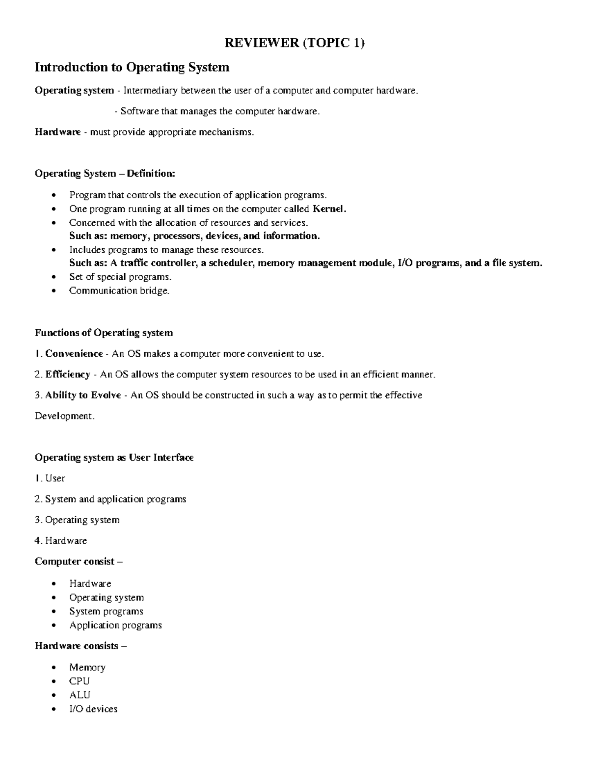 Topic 1 ( Reviewer) - REVIEWER (TOPIC 1) Introduction to Operating ...