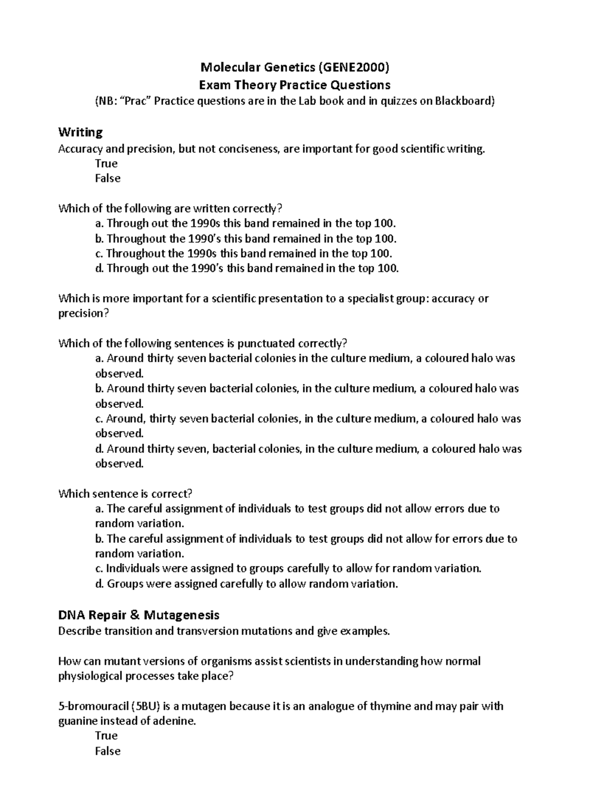 Exam 2015, questions - Molecular Genetics Exam Theory Practice ...