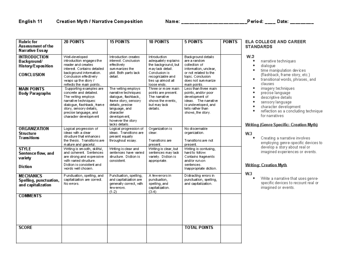 Rubric for Assessment of the Narrative Essay - English 11 Creation Myth ...