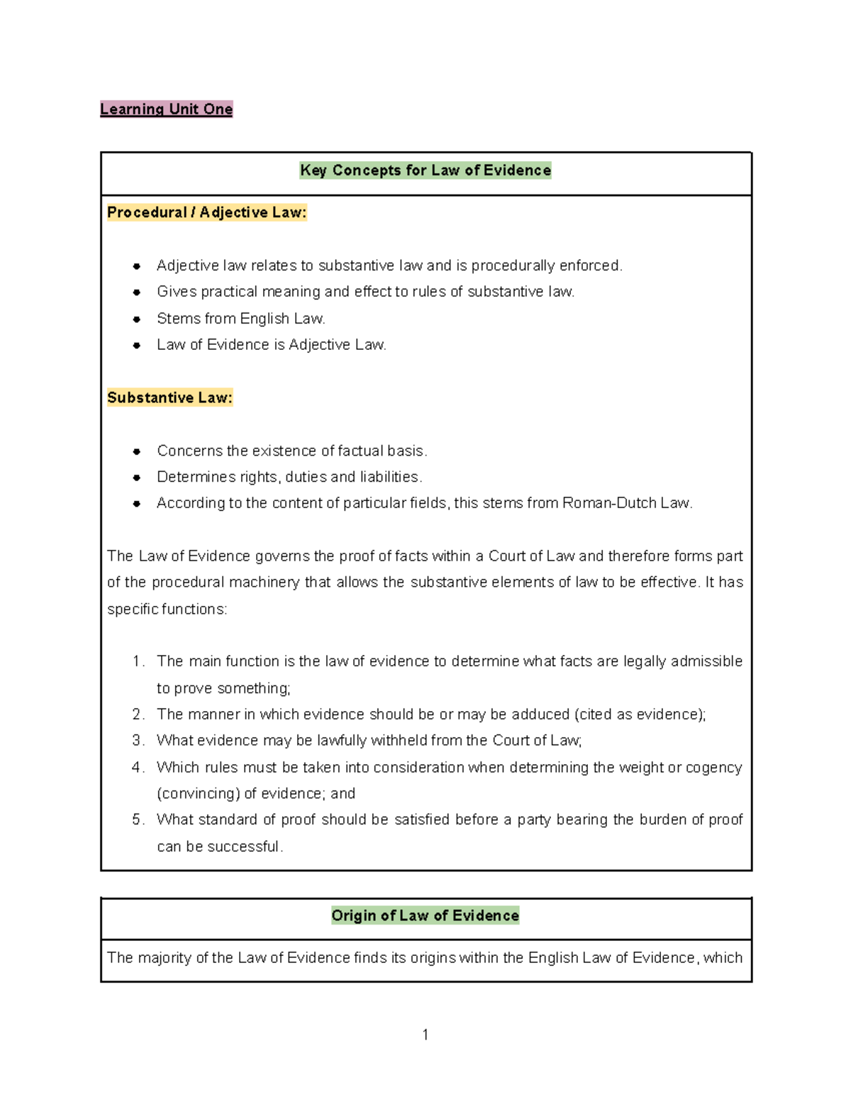 LAEV Notes LU1-6 - Principales of Evidence - Learning Unit One Key ...