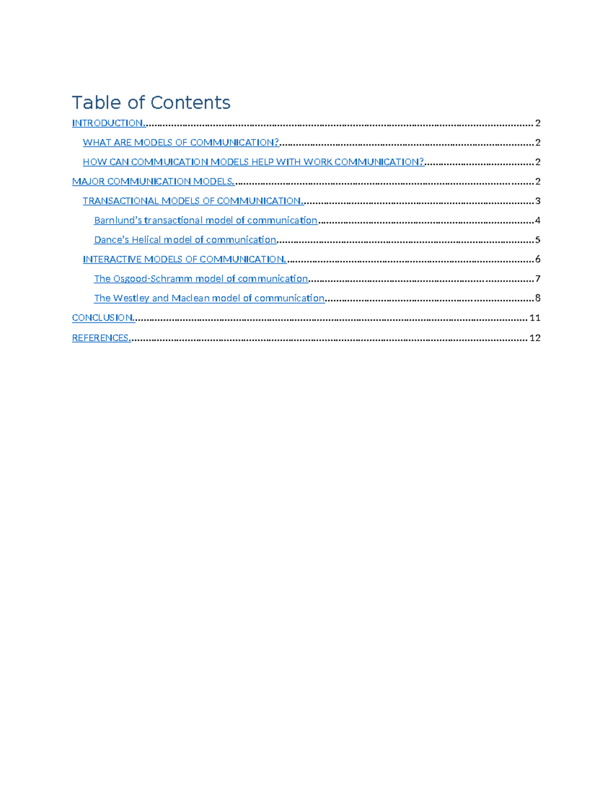 Models OF Communication - Table of Contents - Studocu