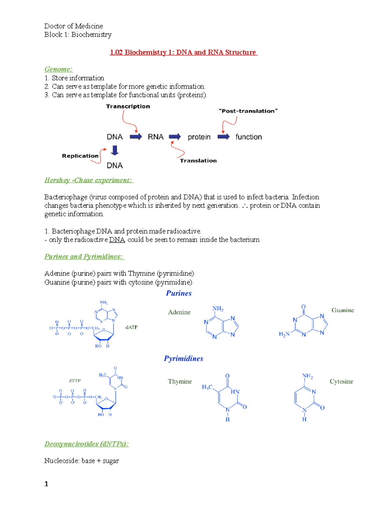Biochemistry Block I Summaries (doctor of Medicine) notes - Block 1 ...