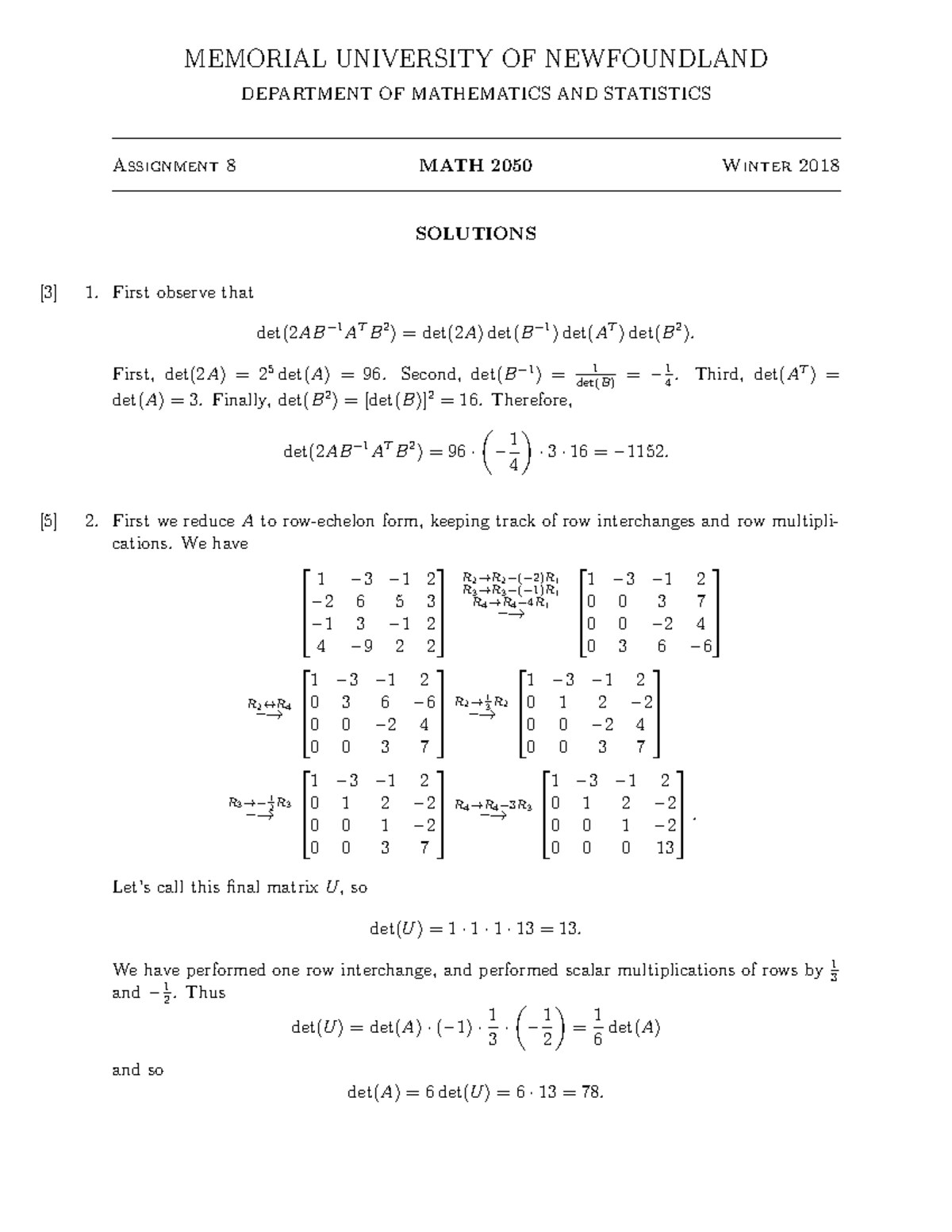Soln8 - MEMORIAL UNIVERSITY OF NEWFOUNDLAND DEPARTMENT OF MATHEMATICS ...