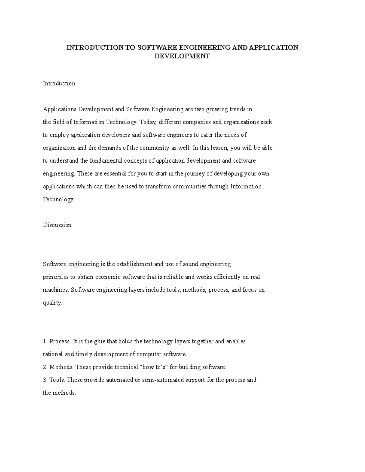 Introduction TO Software Engineering AND Application Development ...