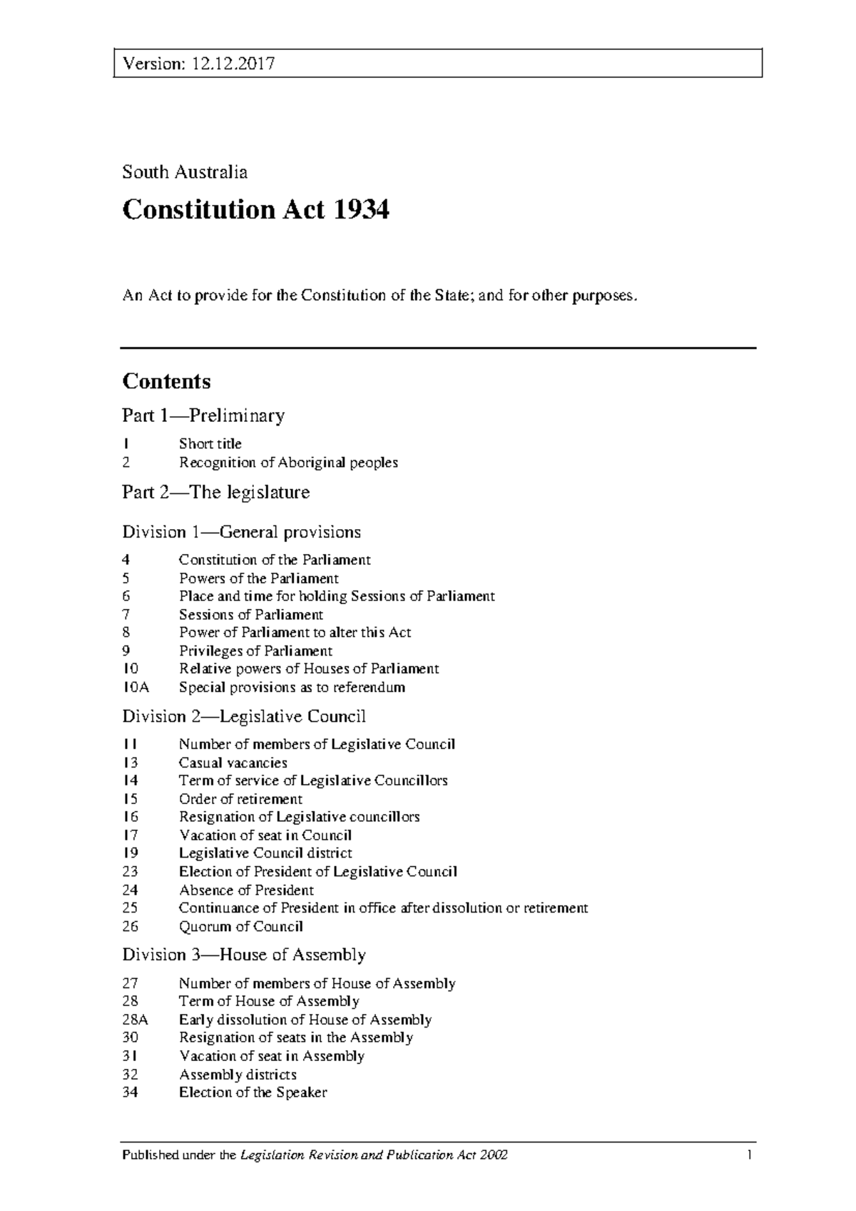 Constitution Act 1934 (SA) - Version: 12. South Australia Constitution ...