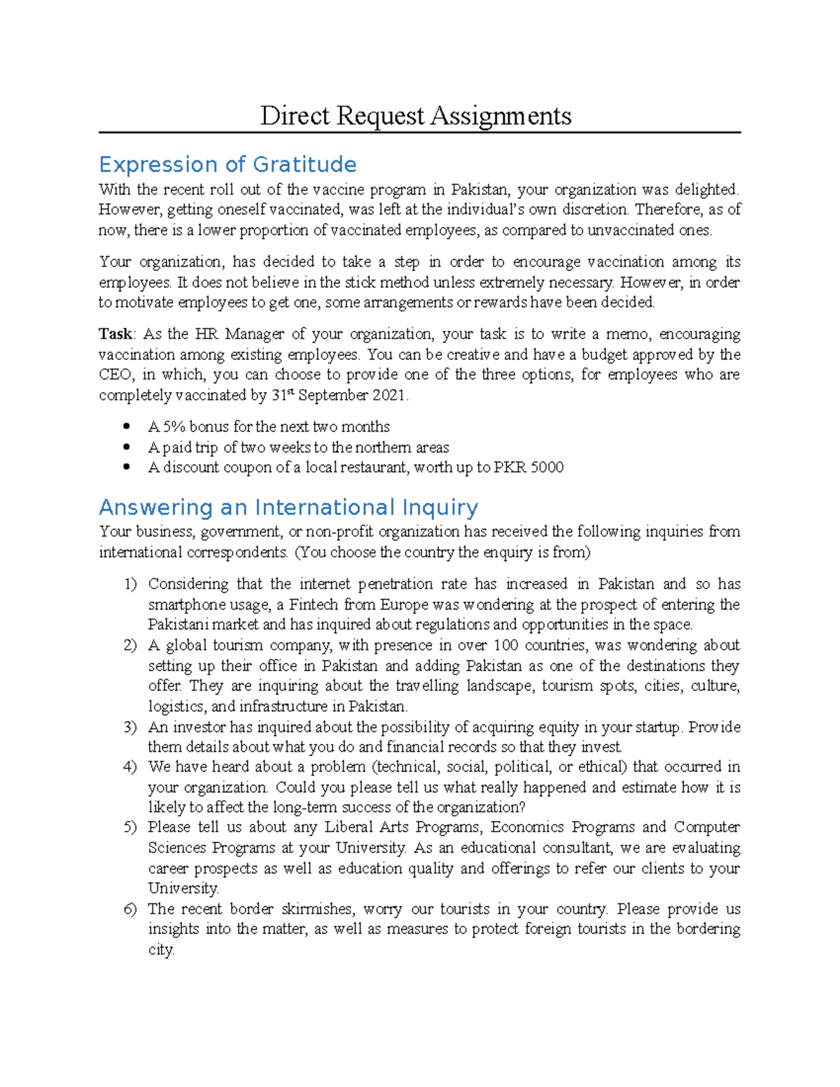 Direct Requests Assignments - Business Communication - LUMS - Studocu