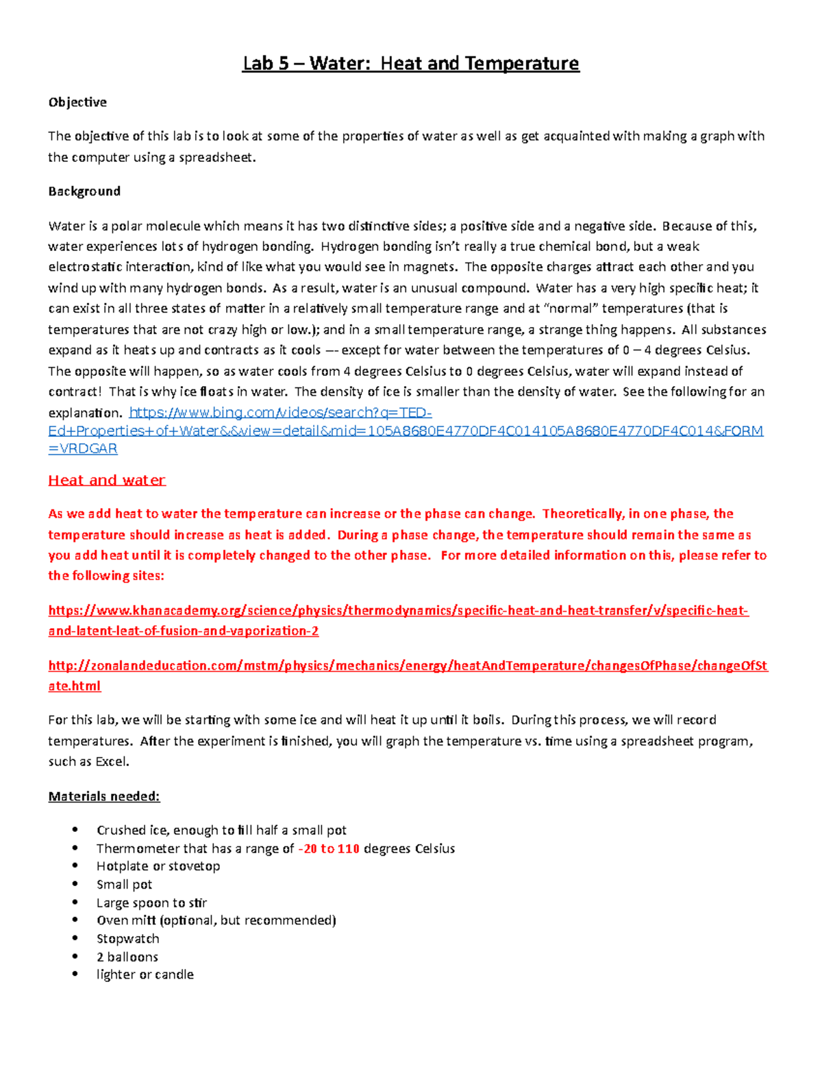 Lab 5 water heat temp s19 - Lab 5 – Water: Heat and Temperature ...