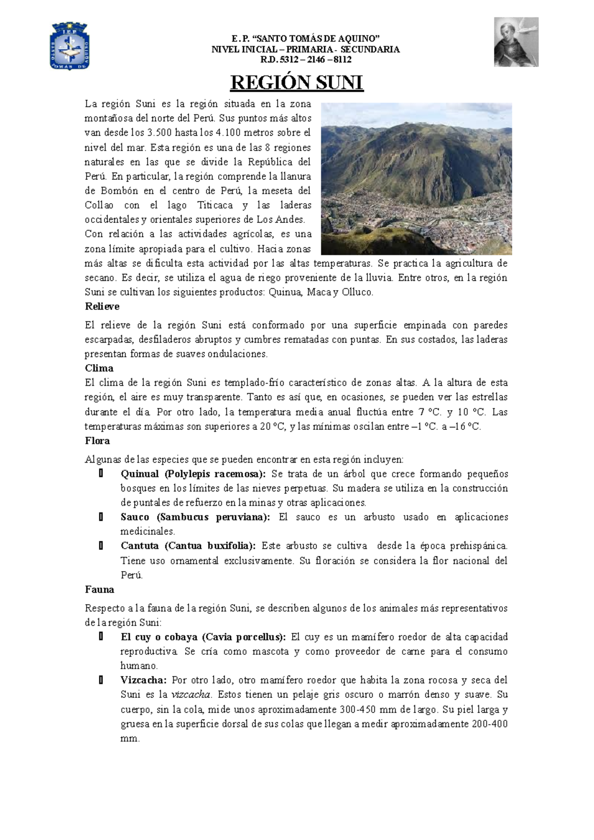 Región SUNI ficha - REGIÓN SUNI La región Suni es la región situada en ...